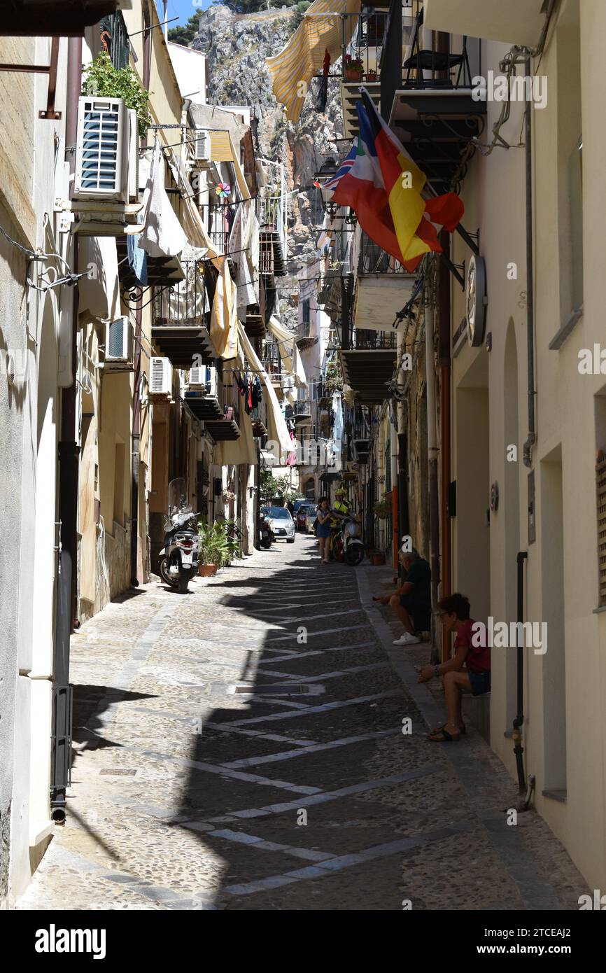 Iconic Sicilian street view in a small street in the coastal town of ...