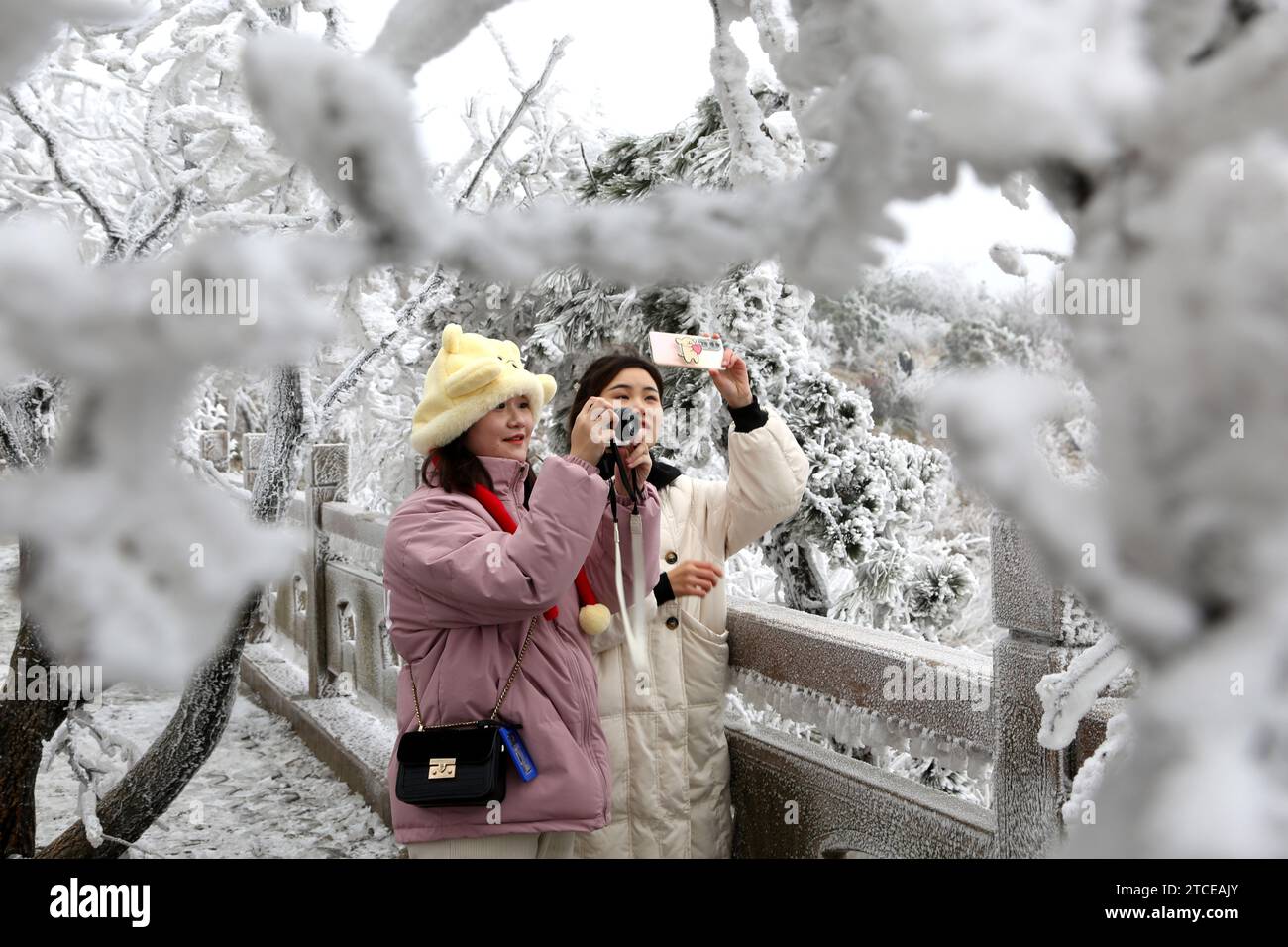 Tourists are viewing the rime scenery at the Huaguo Mountain scenic ...