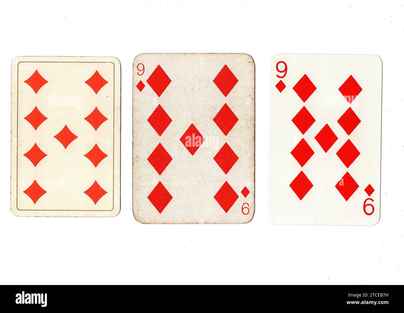 Three nine of diamonds vintage/antique playing cards in various designs ...