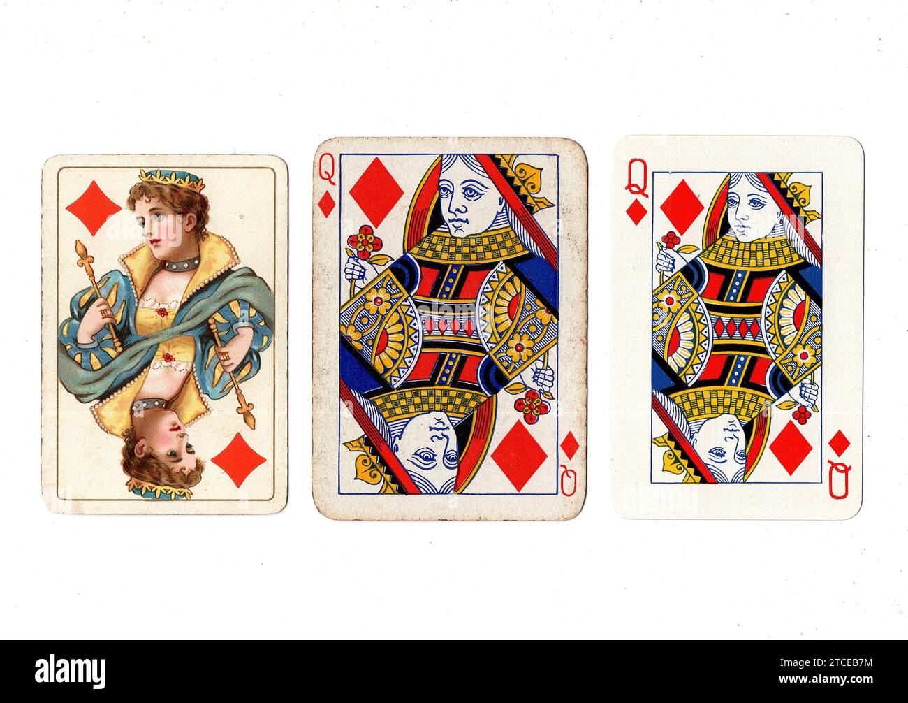Three queen of diamonds vintage/antique playing cards in various ...