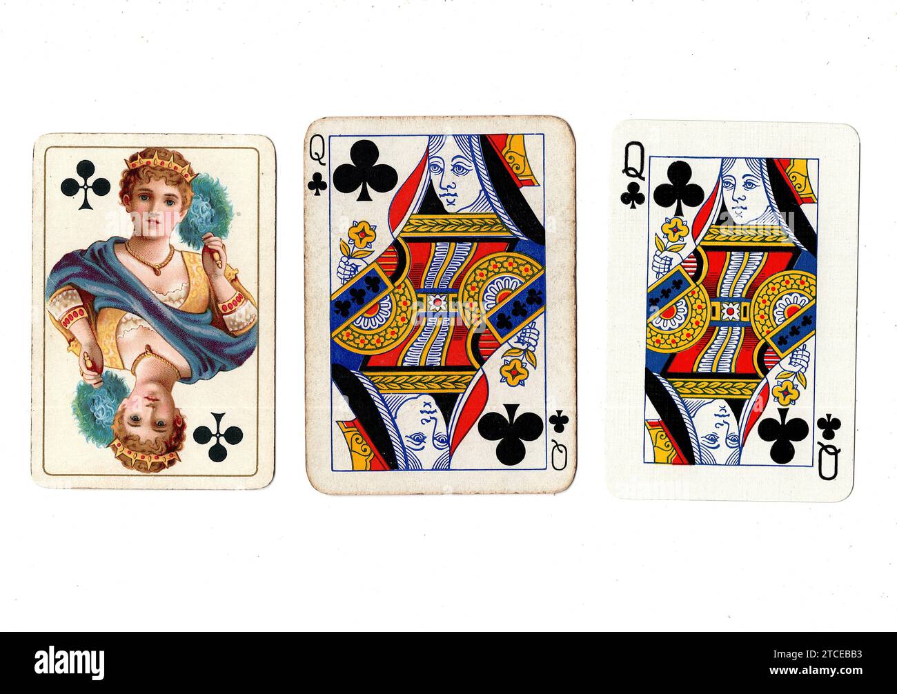 Three queen of clubs vintage/antique playing cards in various designs ...