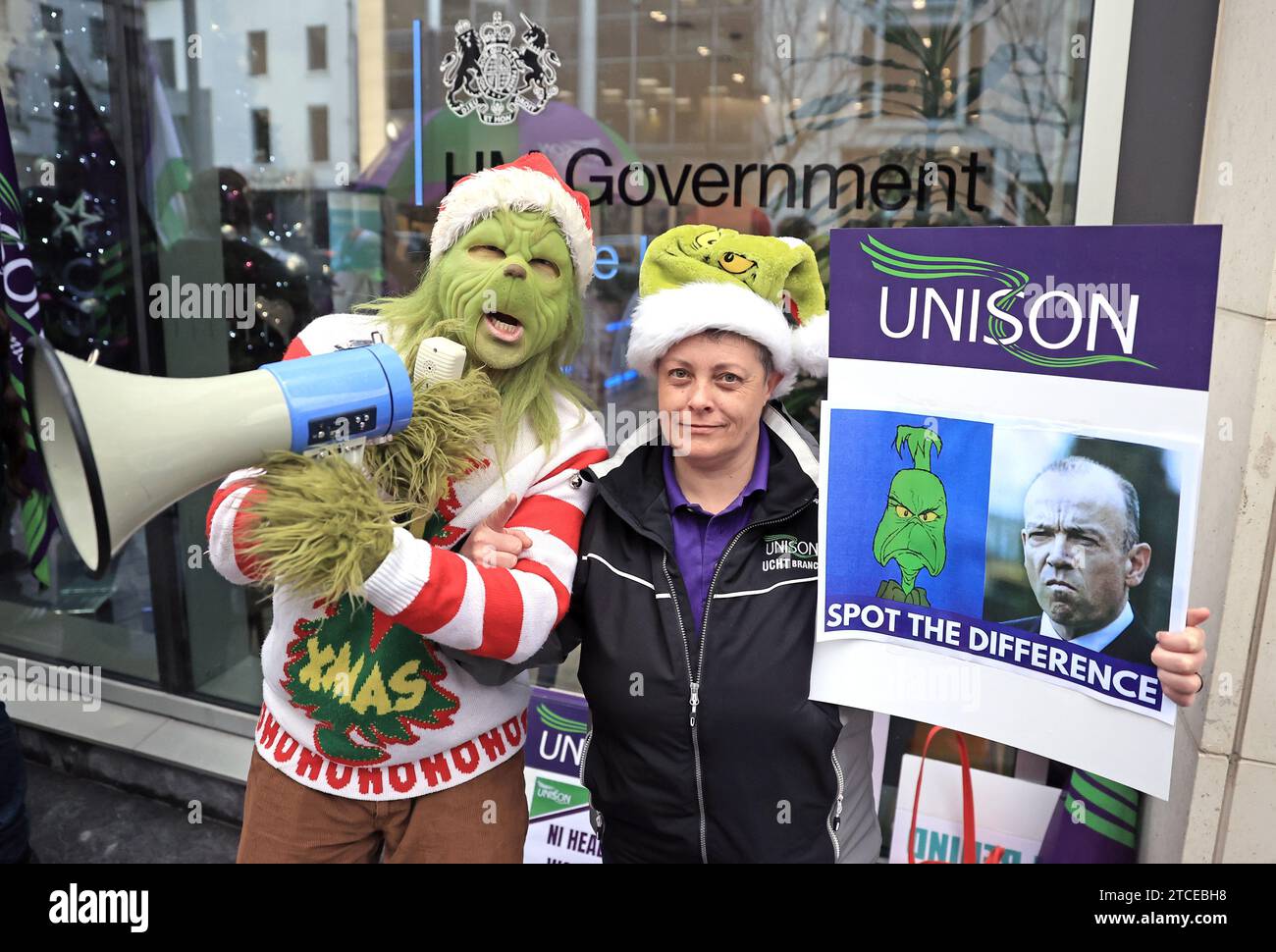UNISON Ulster branch secretary Gillian Foley with a person dressed as ...