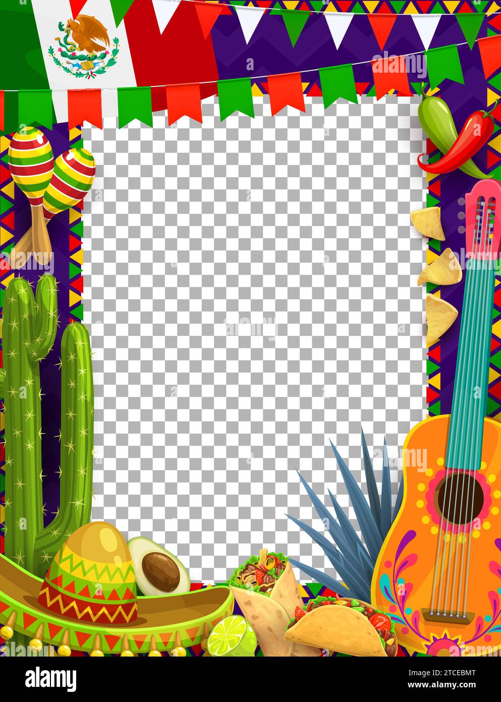 Mexican holiday frame with sombrero, guitar, maracas and Mexico flag ...
