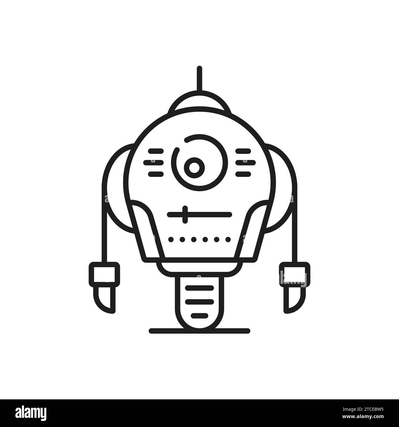 Robot line and outline icon. Isolated vector futuristic droid with metallic body, long arms and ...