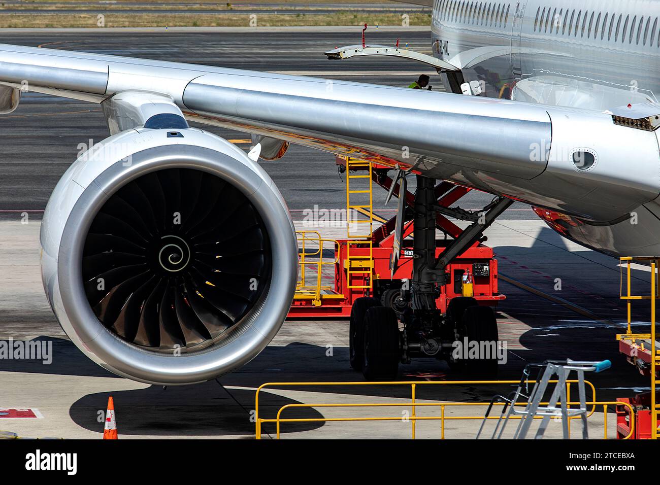 Madrid, Spain, May 31, 2023: Engine and landing gear of an Airbus A350 ...