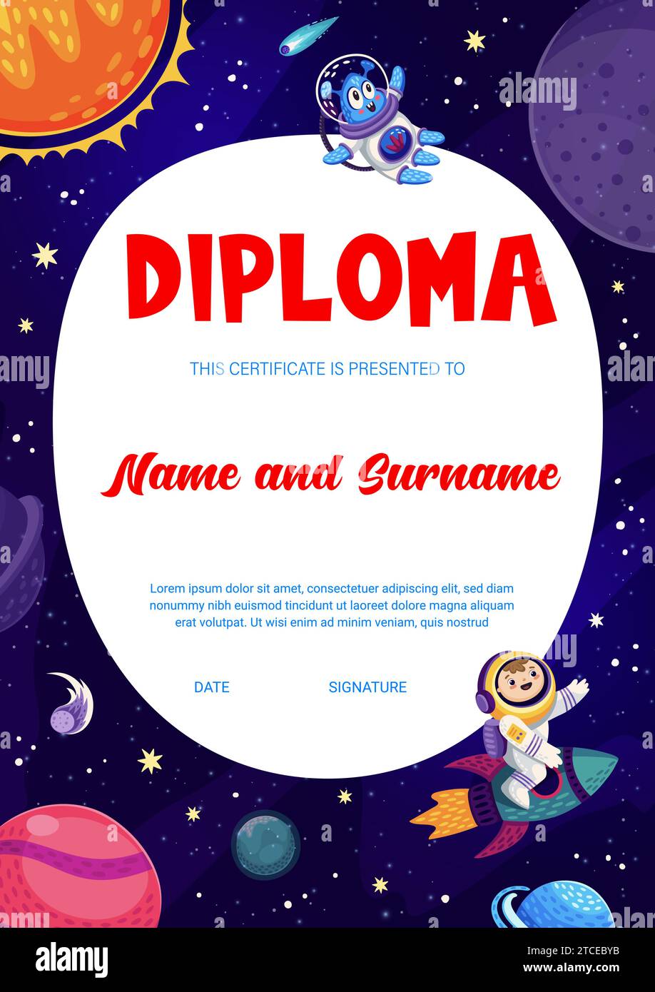 Kids diploma. Cartoon galaxy space, alien and astronaut, planets and stars. Educational vector ...