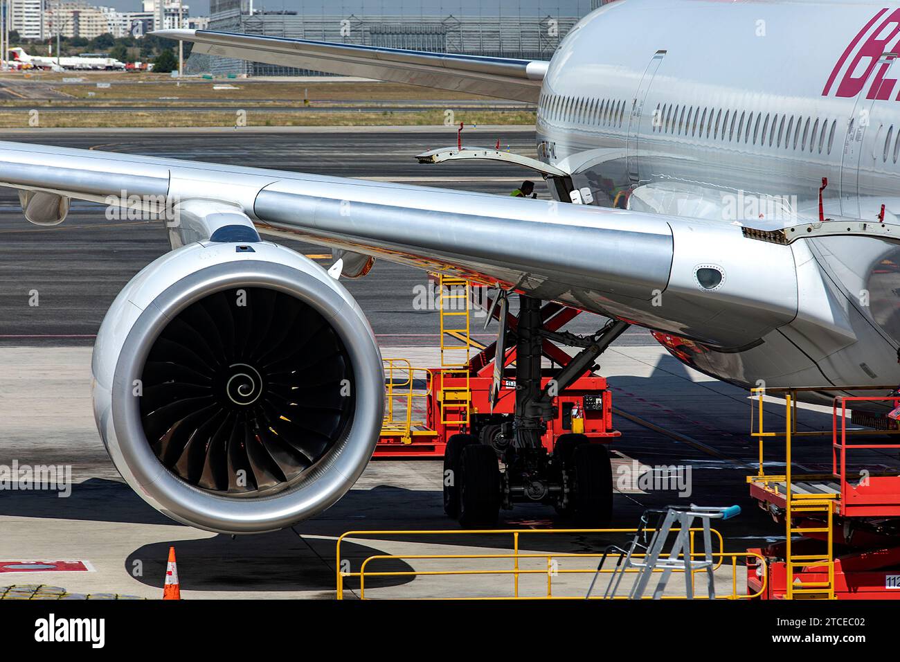 Madrid, Spain, May 31, 2023: engine, wing and landing gear of an Airbus ...