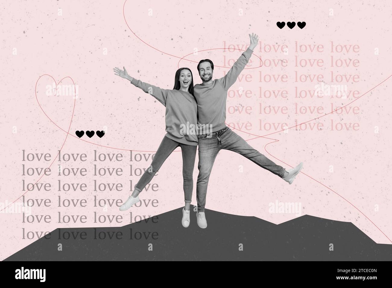 Horizontal photo collage of funny sweet couple jump together cuddling ...