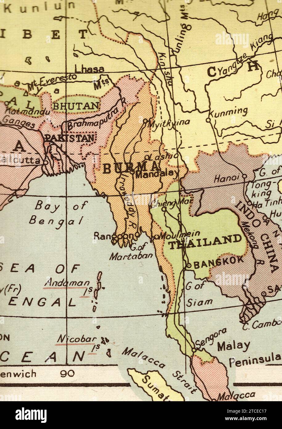 A vintage/antique political map in sepia showing Burma and Thailand ...