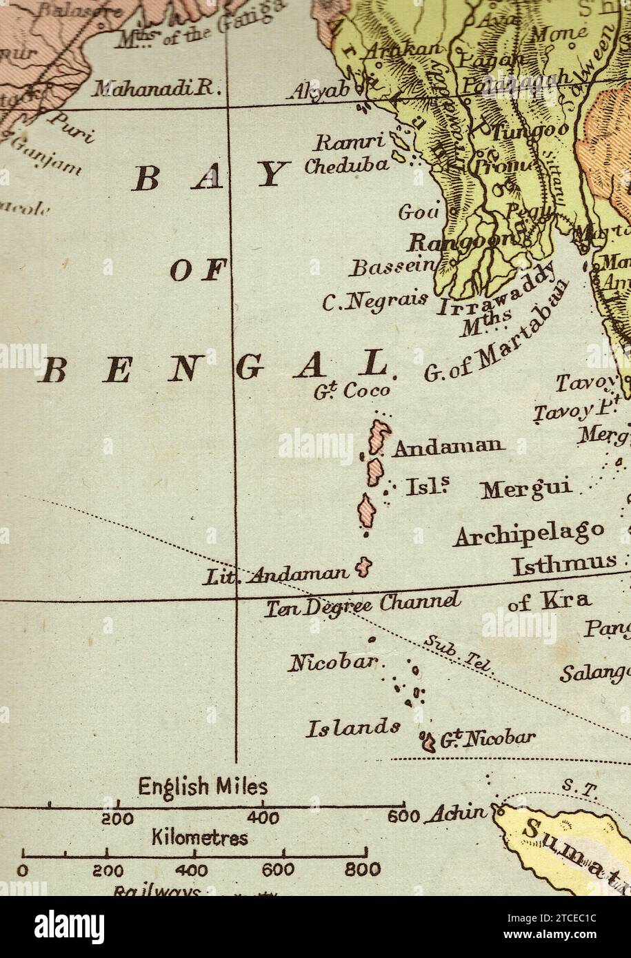 A vintage/antique political map in sepia showing the Bay of Bengal ...