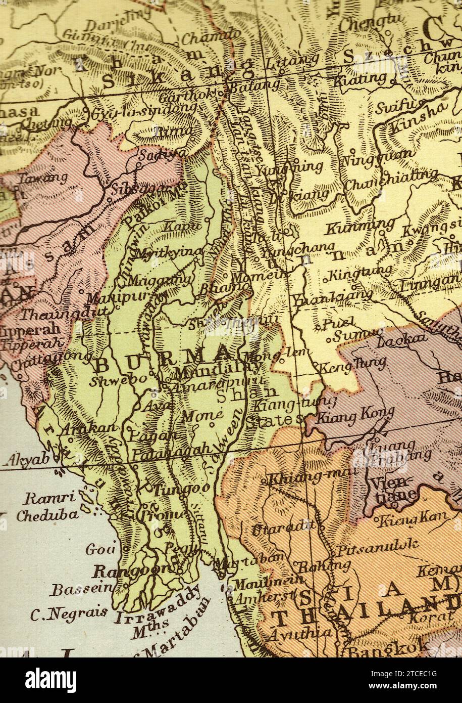 A vintage/antique political map in sepia showing the Burma Stock Photo ...