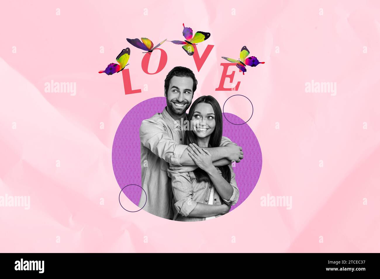 Horizontal composite romantic photo collage of idyllic lovely couple ...