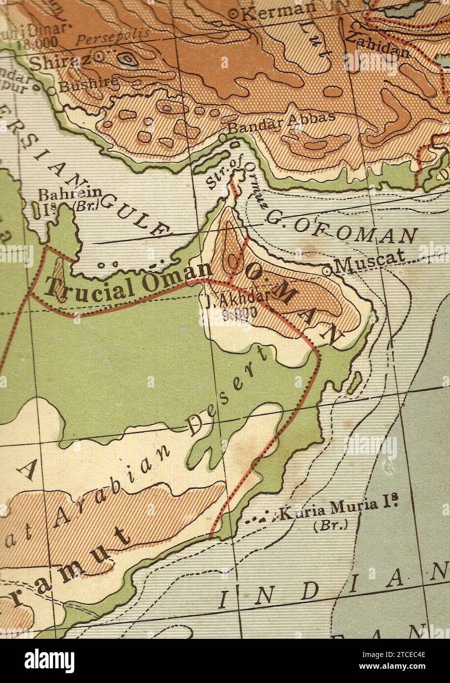 A vintage/antique geographical map in sepia showing Oman Stock Photo ...