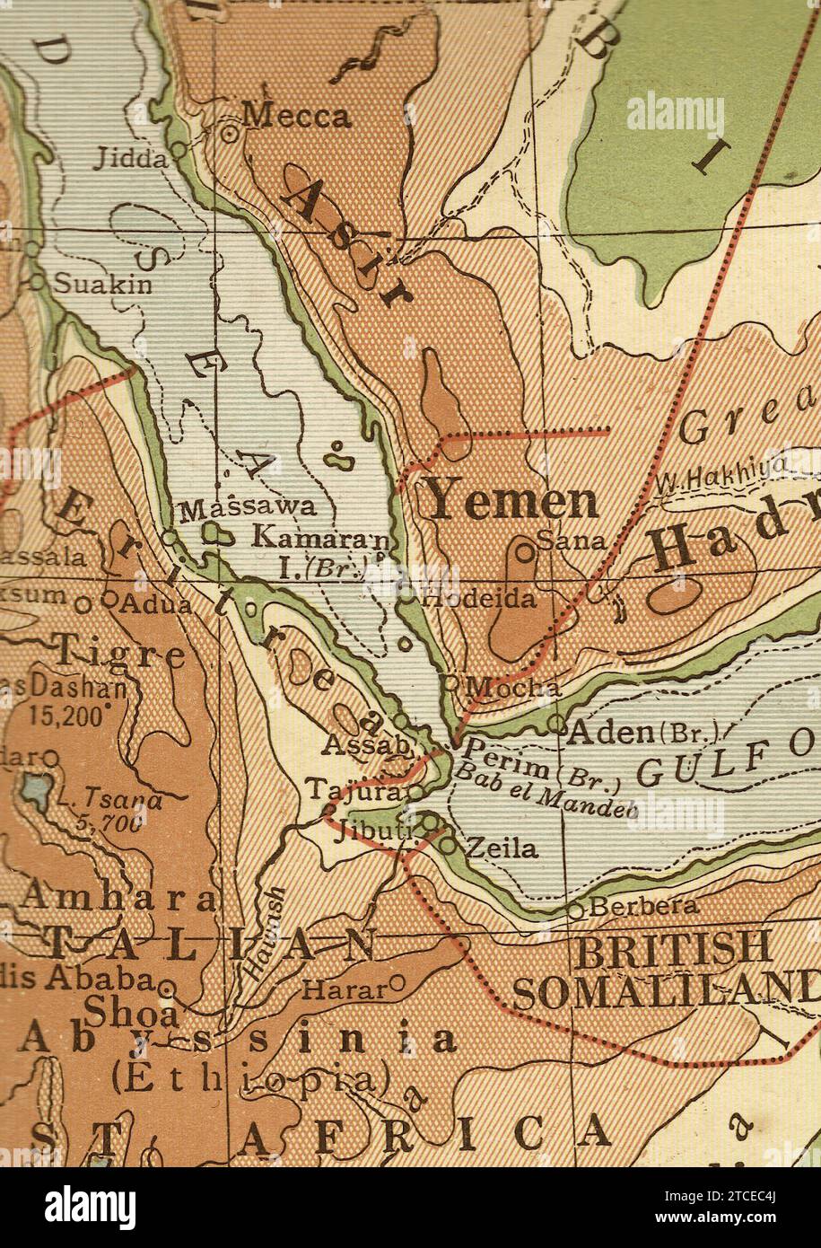 A vintage/antique geographical map in sepia showing Yemen Stock Photo ...