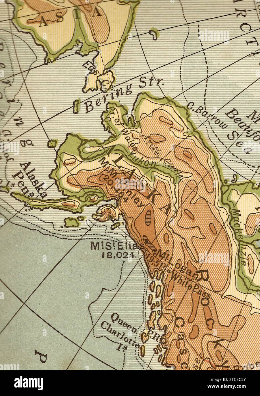 A vintage/antique geographical map in sepia showing Alaska and the ...