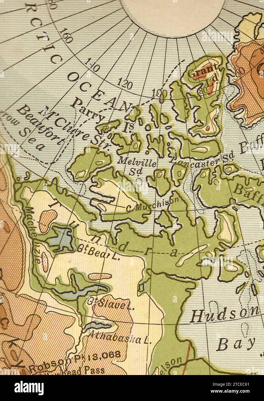 A vintage/antique geographical map in sepia showing Canada and the ...