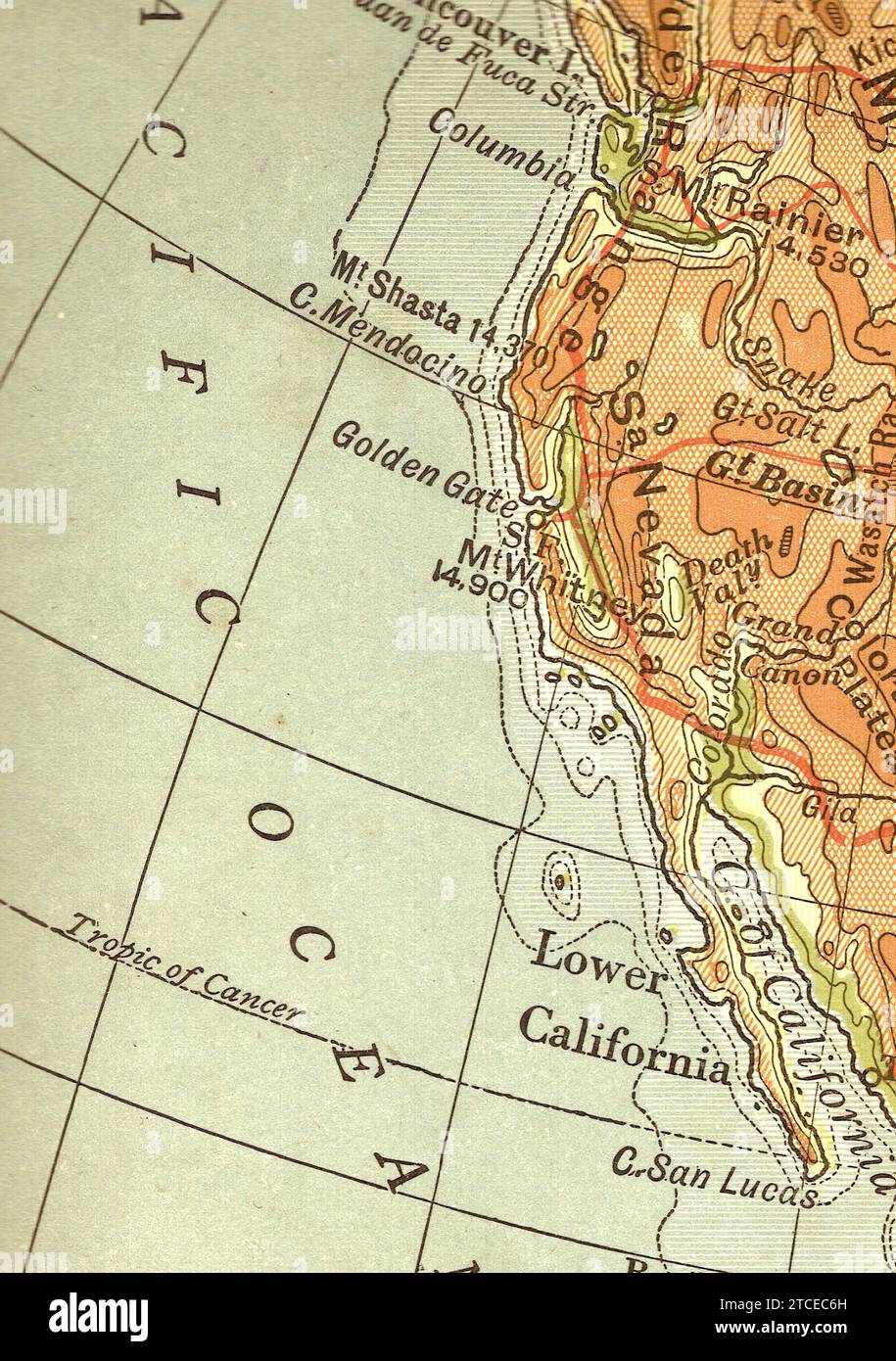 A vintage/antique geographical map in sepia showing the west coast of ...