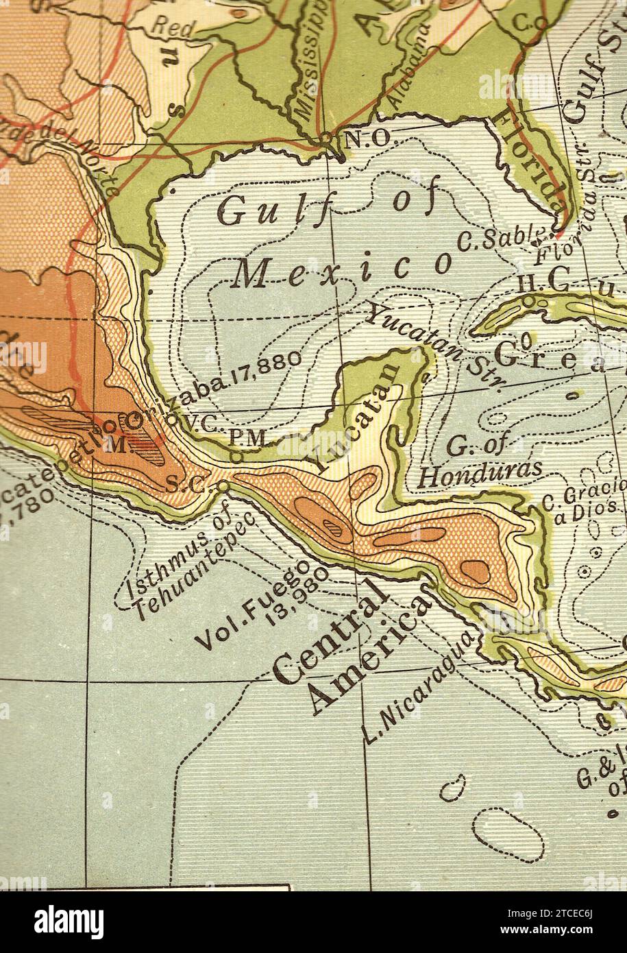 A vintage/antique geographical map in sepia showing Central America and ...