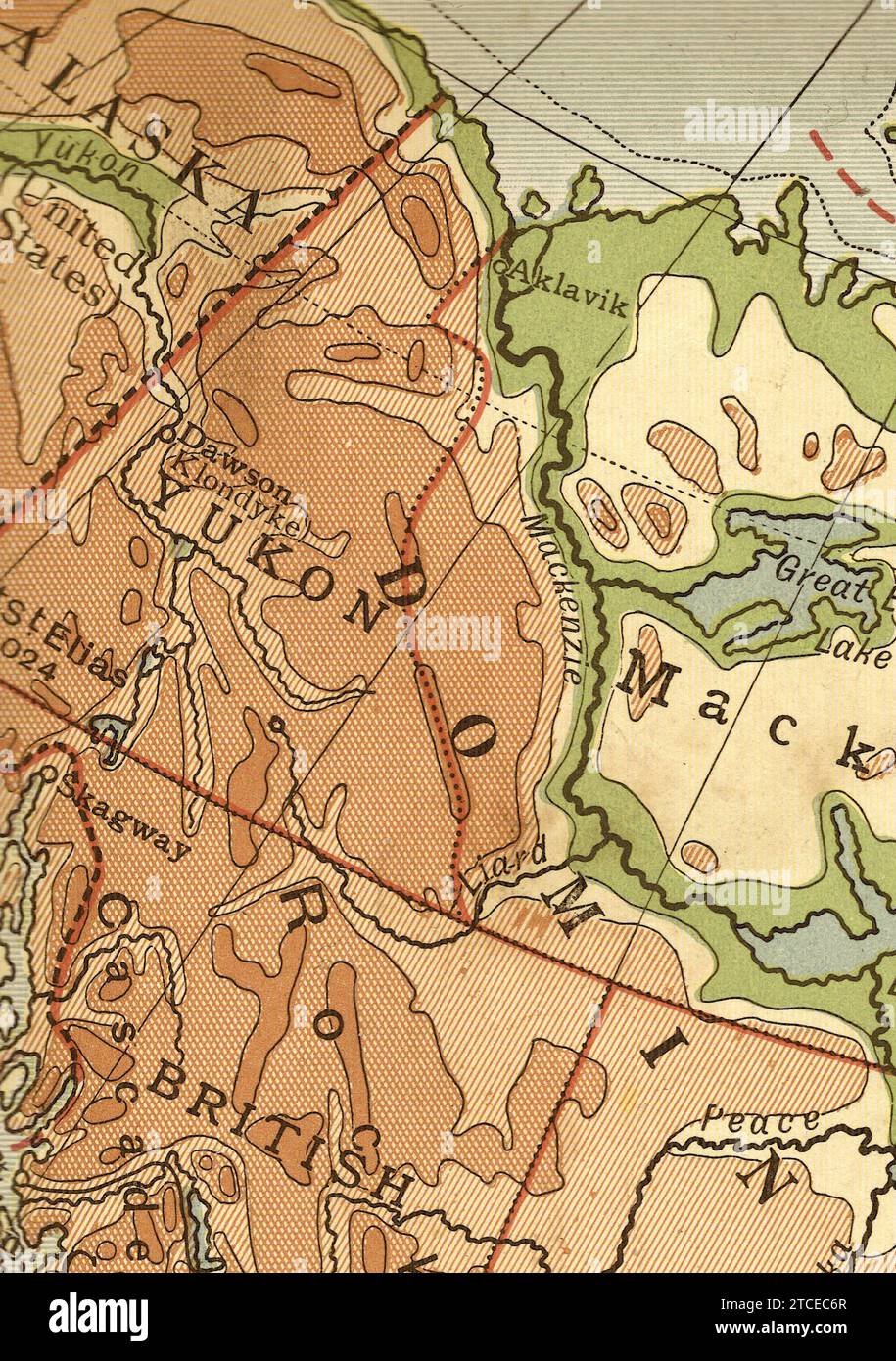 A vintage/antique geographical map in sepia showing Yukon, Canada Stock ...