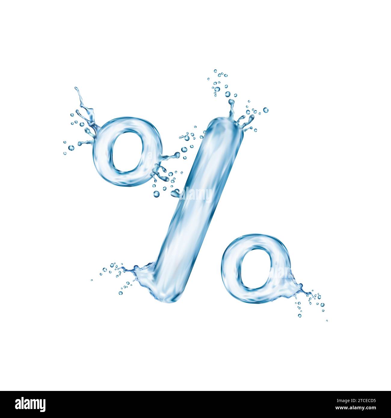 Liquid water percent sign with splash bubbles, transparent type font ...
