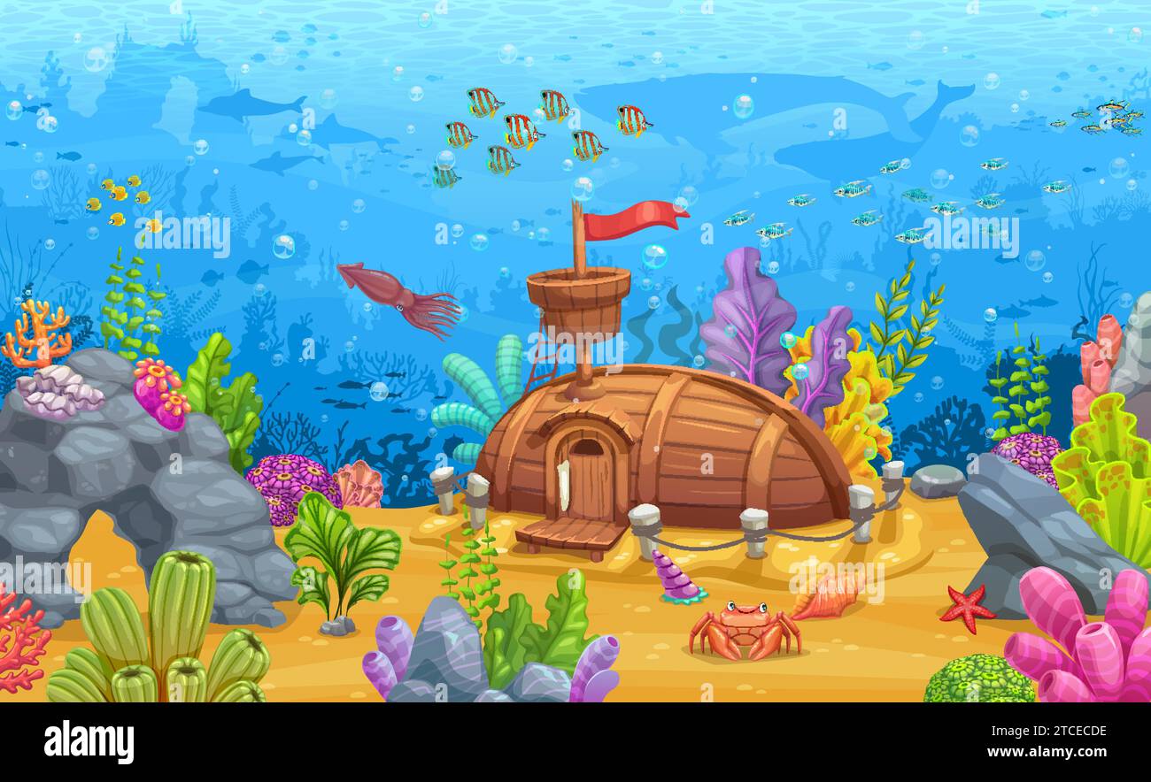 Sunken boat house building at underwater landscape, vector cartoon sea ...