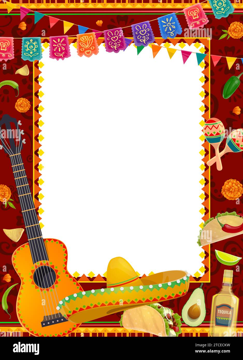 Mexican holiday frame with sombrero, guitar and maracas, vector ...