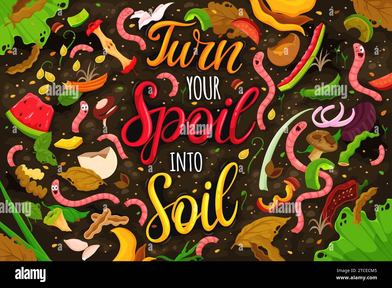 Cartoon earth worms in compost soil ground with quote Turn your Spoil ...