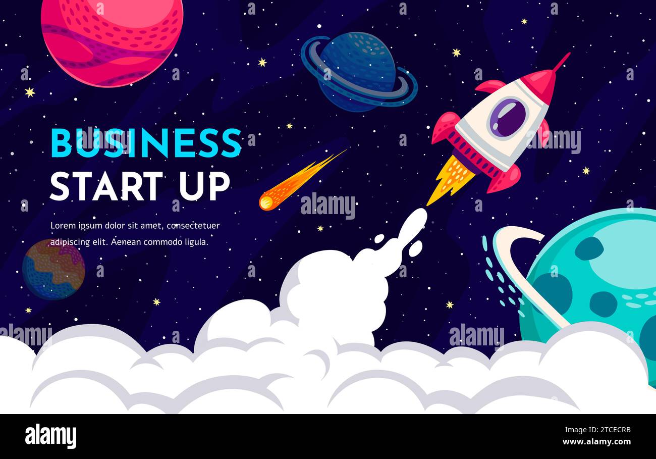 Business start up banner with rocket launch to starry galaxy space. Vector background for ...
