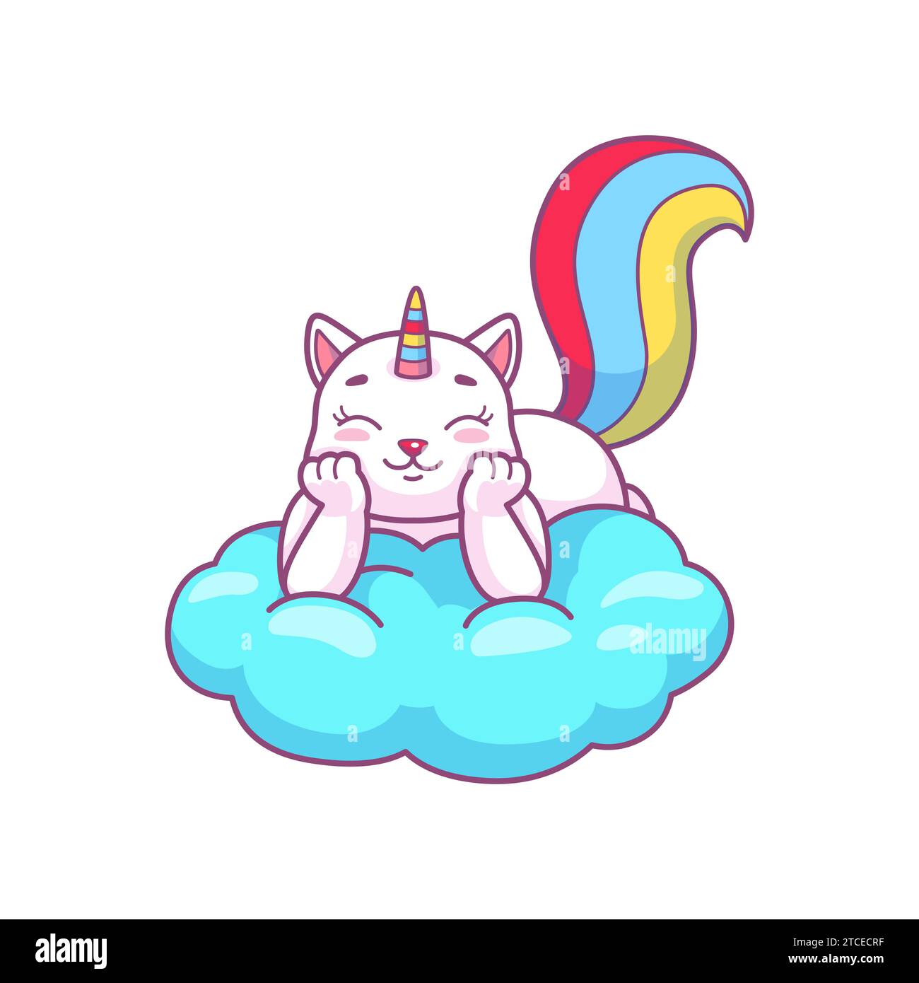 Cute kawaii caticorn dreaming on cloud, vector happy kitten with ...