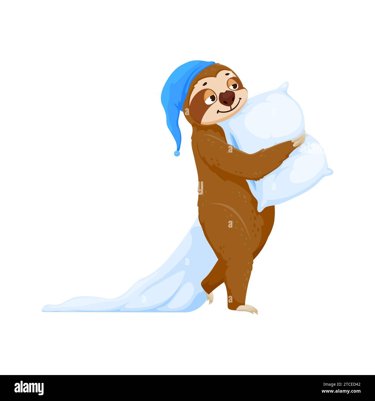 Cartoon funny sloth character with pillow and blanket in pajamas cap ...