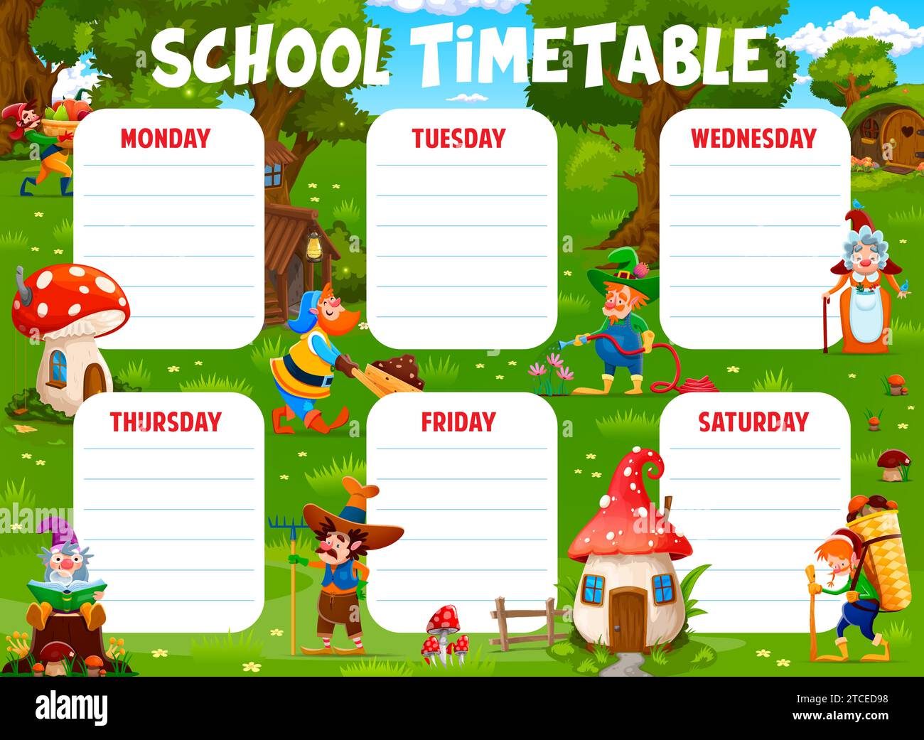 Timetable schedule with cartoon gnome characters at fairytale village ...