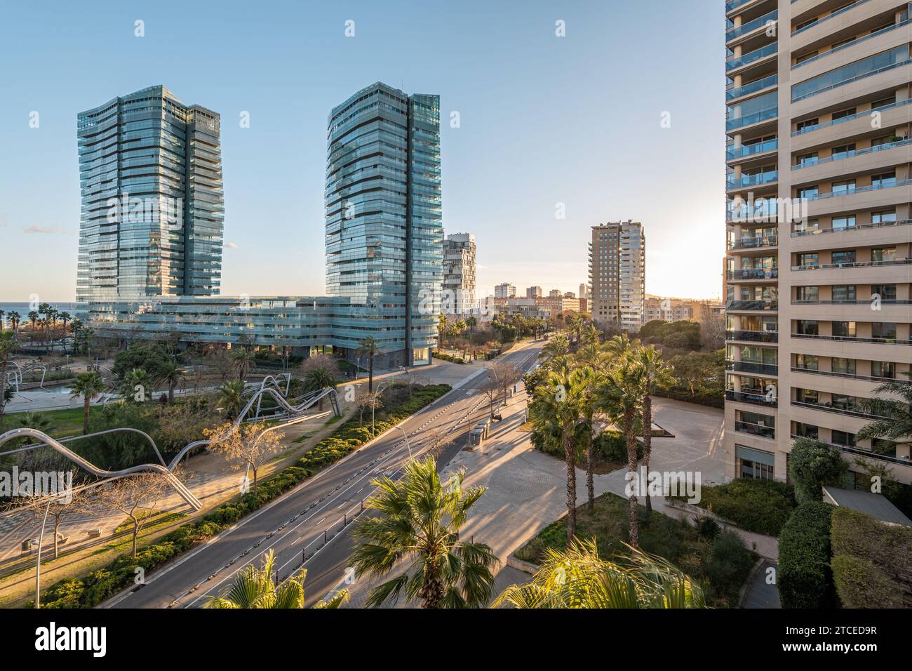 Diagonal Mar area in Barcelona with skyscrapers and road junctions ...