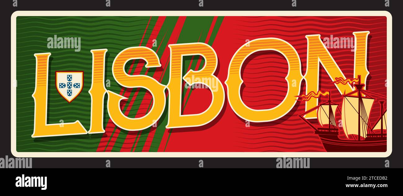 Lisbon travel sticker and plate with vector heraldic symbol of Portugal ...