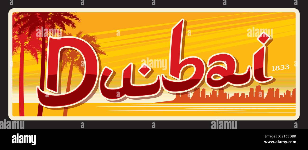 Dubai capital city of Arab Emirates UAE. Vector travel plate or sticker ...