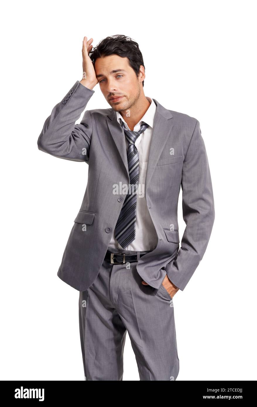 Business man, headache and tired in studio for stress, vertigo and risk ...