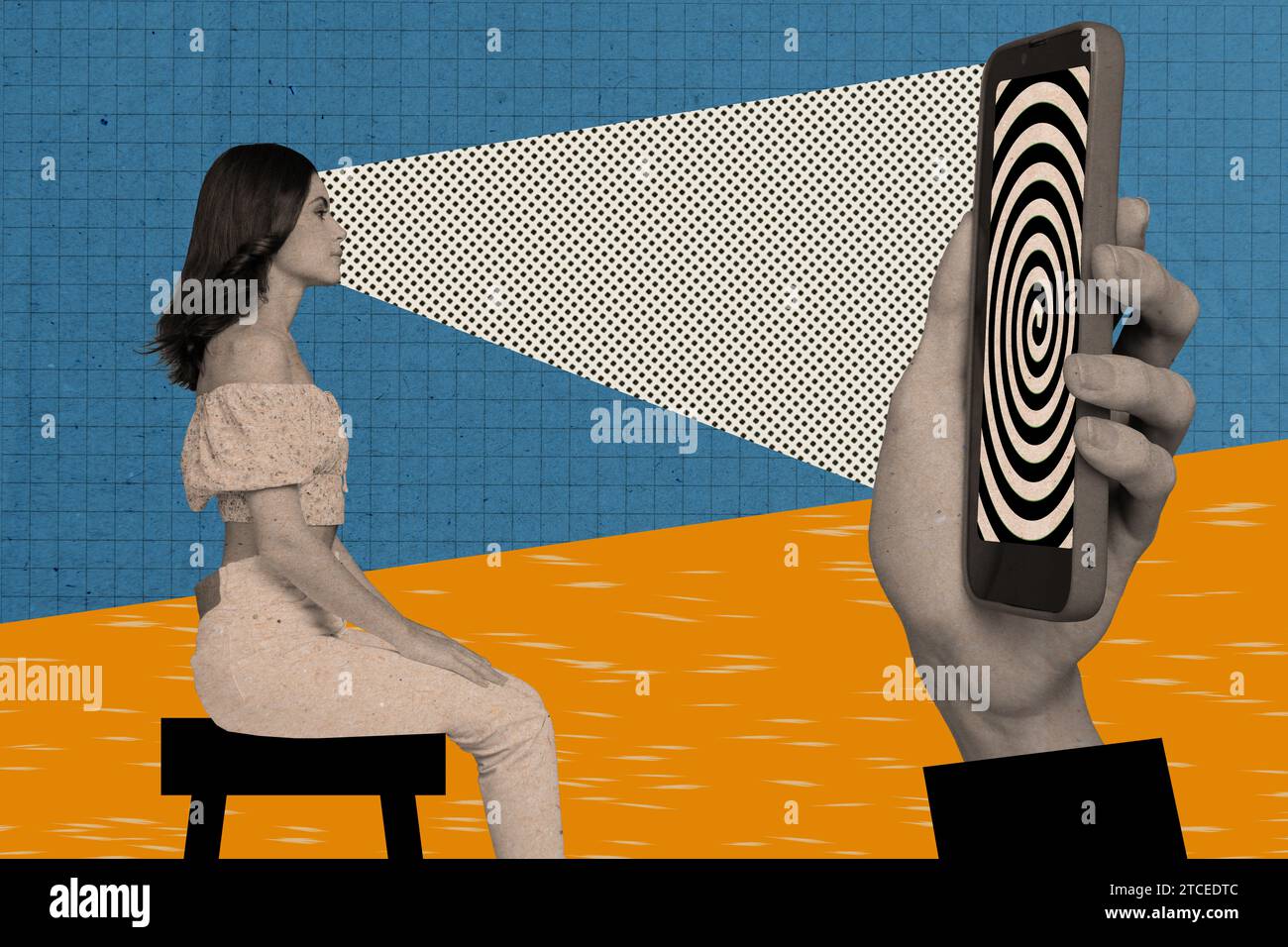 Horizontal surreal magazine collage of young female look at giant hand ...