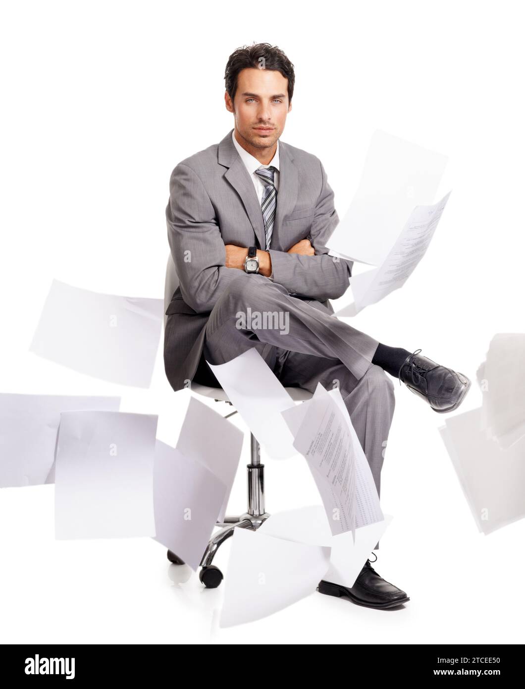 Portrait, serious and business man with documents isolated on white ...
