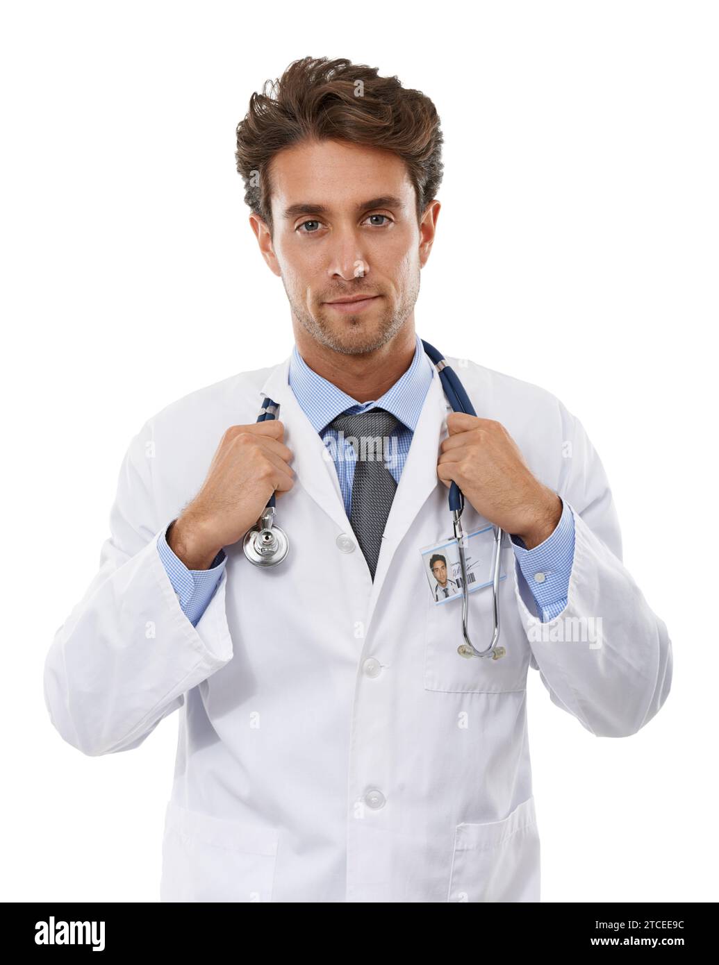 Doctor, man and portrait in studio with stethoscope, positive and pride ...