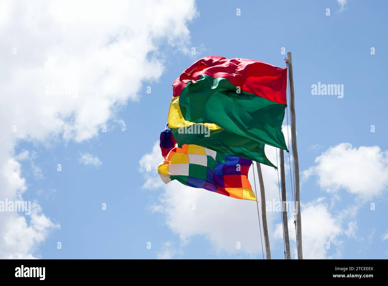 Bolivian and La Paz flags under a blue sky. La Paz, Bolivia, October 10 ...