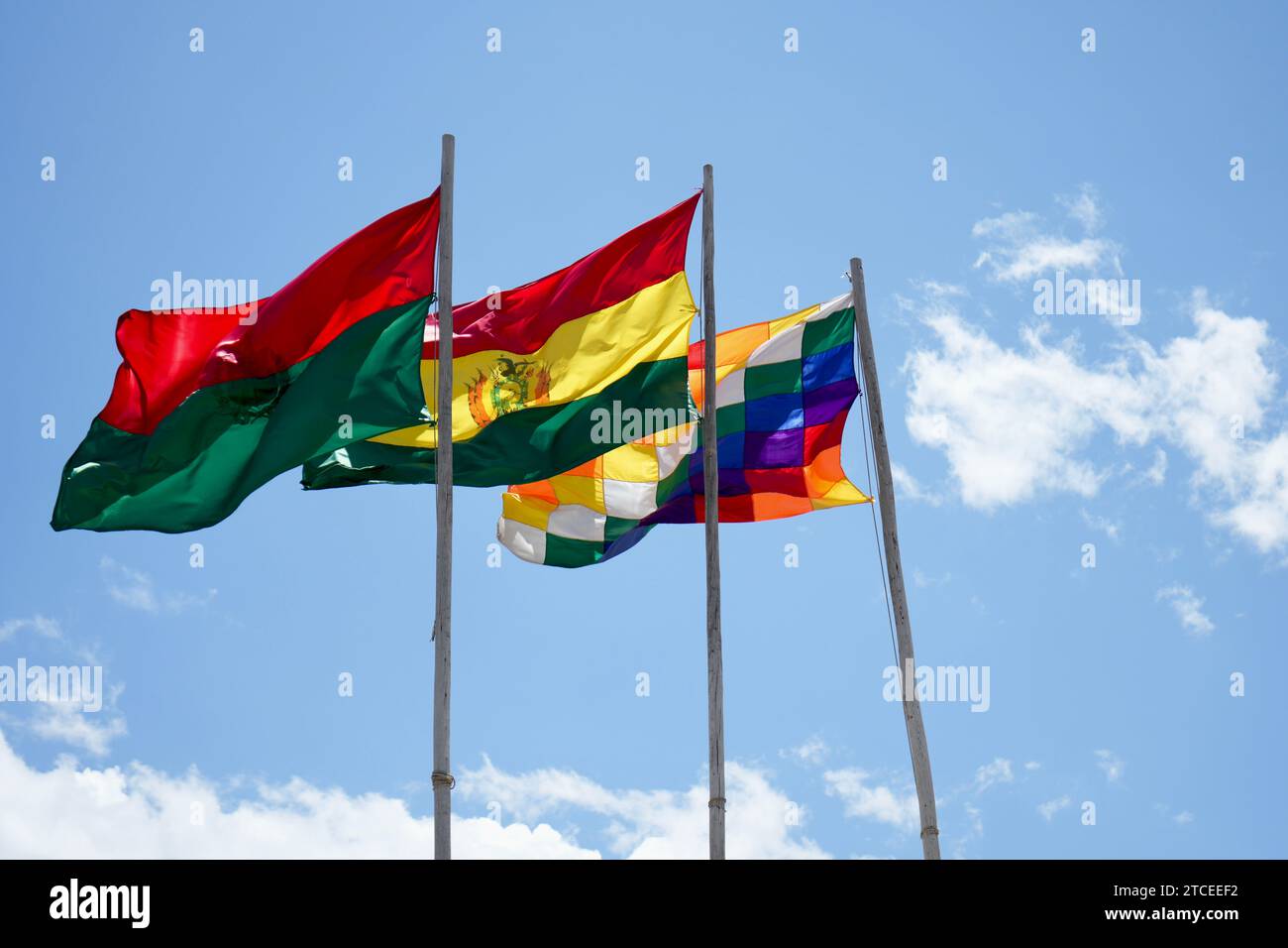 Bolivian and La Paz flags under a blue sky. La Paz, Bolivia, October 10 ...