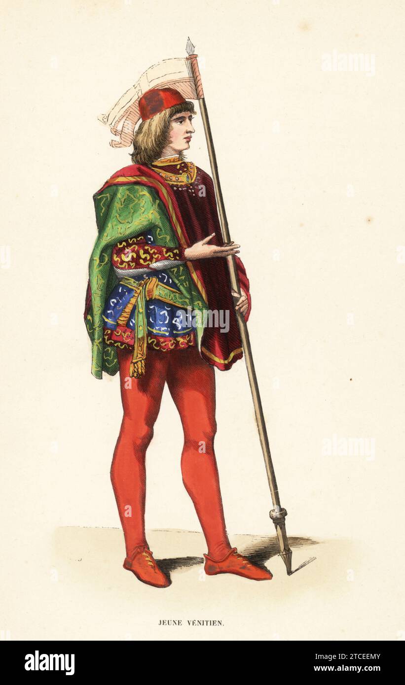 Young Venetian man with lance and pennant, 14th century. In red cap ...