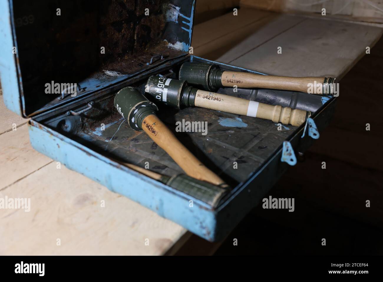 World War II german fragmentation grenades stacked in a military box on ...