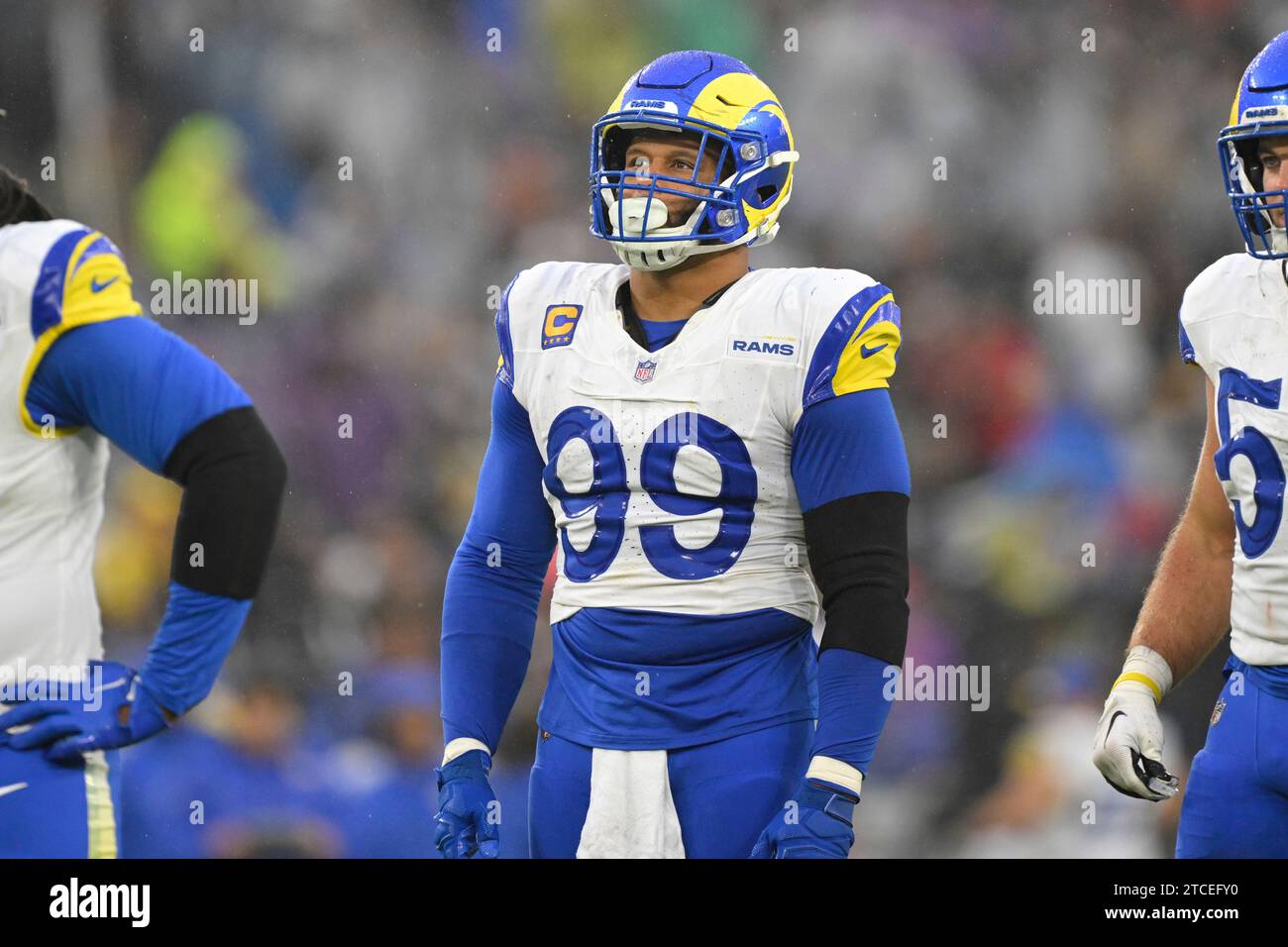 Los Angeles Rams defensive tackle Aaron Donald (99) looks on between ...