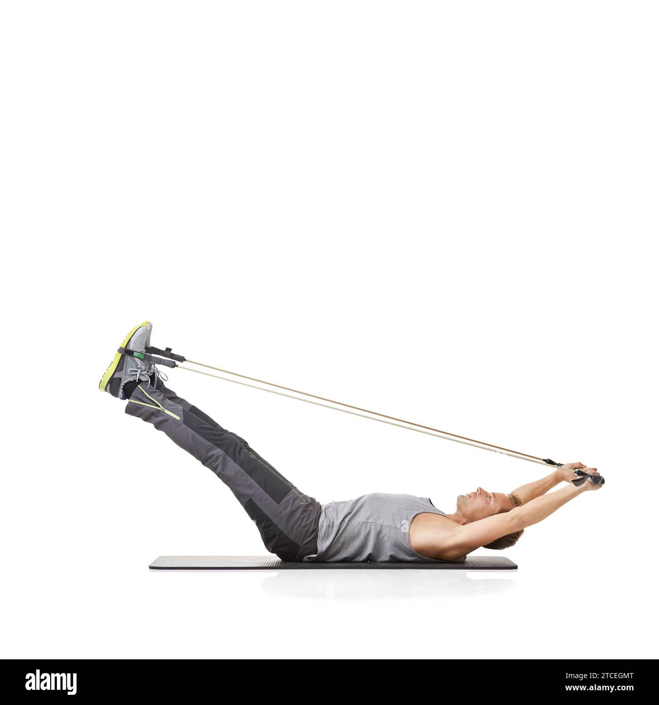 Exercise, man and resistance band with fitness, training and wellness ...