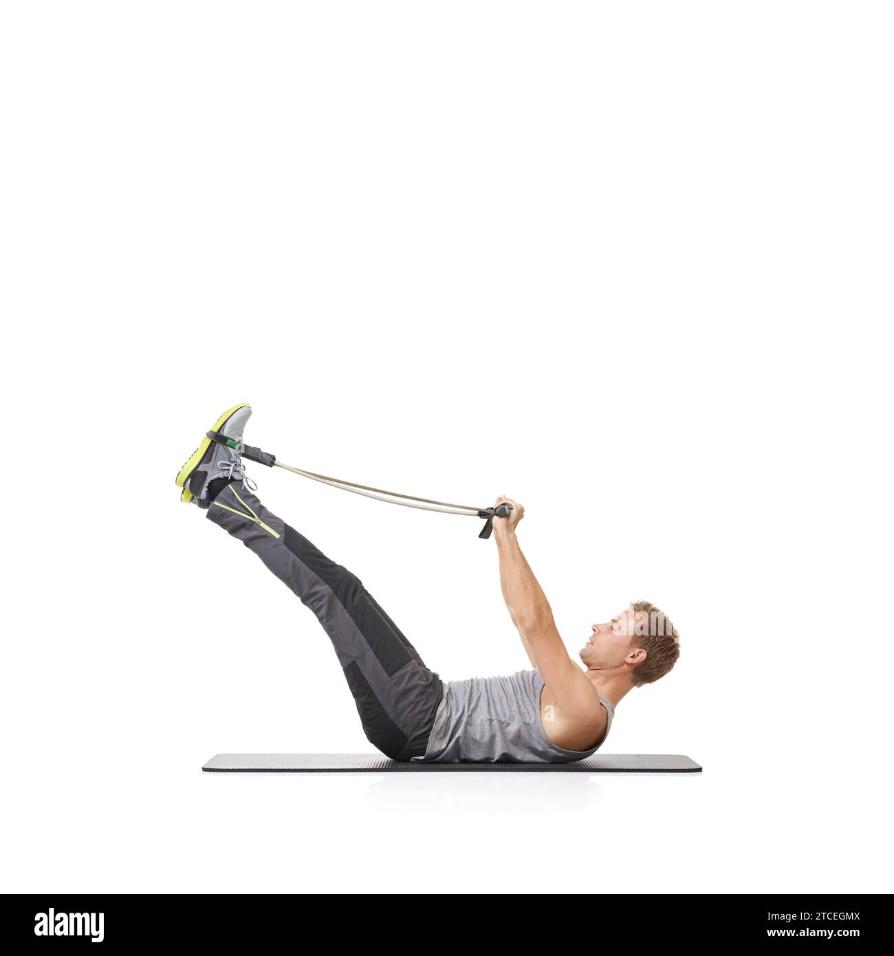 Exercise, man and resistance band with fitness, healthy and wellness ...