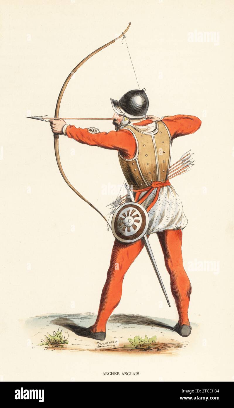 English longbowman of the era of King Edward IV, 1461-1483. In helmet ...