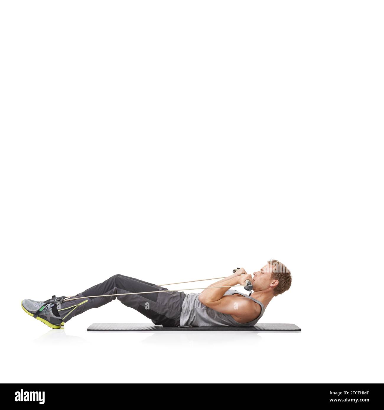 Exercise, man and resistance band with fitness, energy or wellness ...