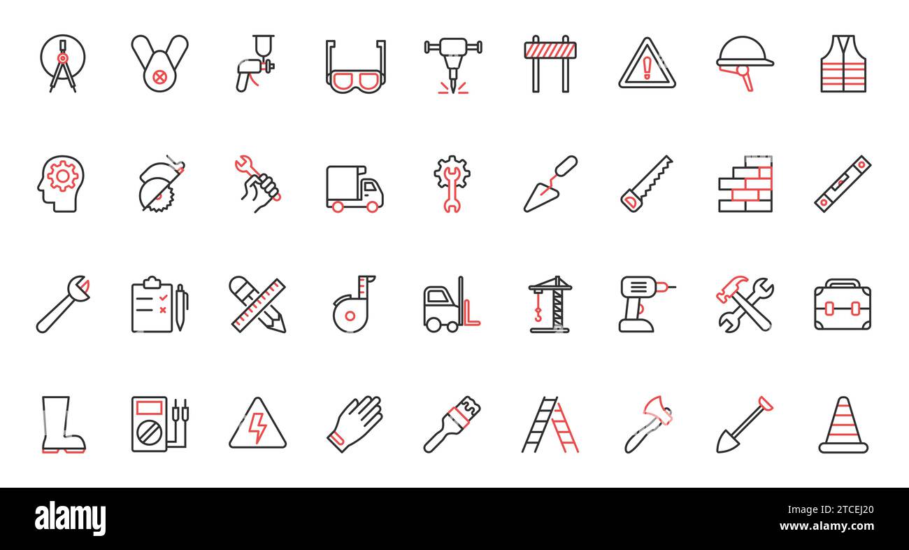 Paint brush and wrench, saw and shovel from mechanical repair toolbox, construction crane and ...