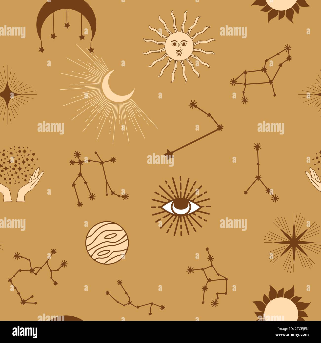 Magic seamless pattern with constellations, sun, moon, magic eyes, clouds and stars. Mystical ...