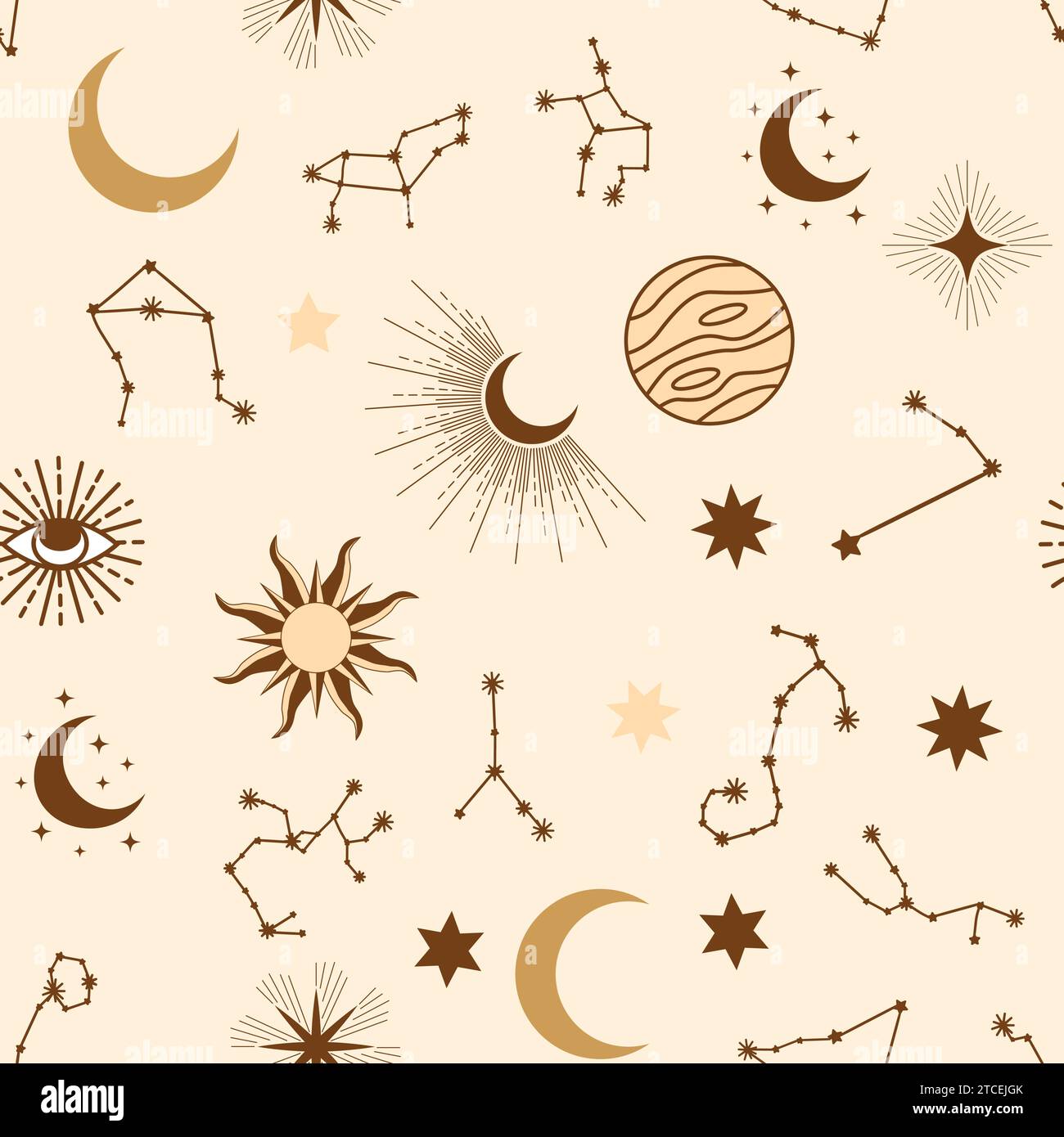 Magic seamless pattern with constellations, sun, moon, magic eyes ...
